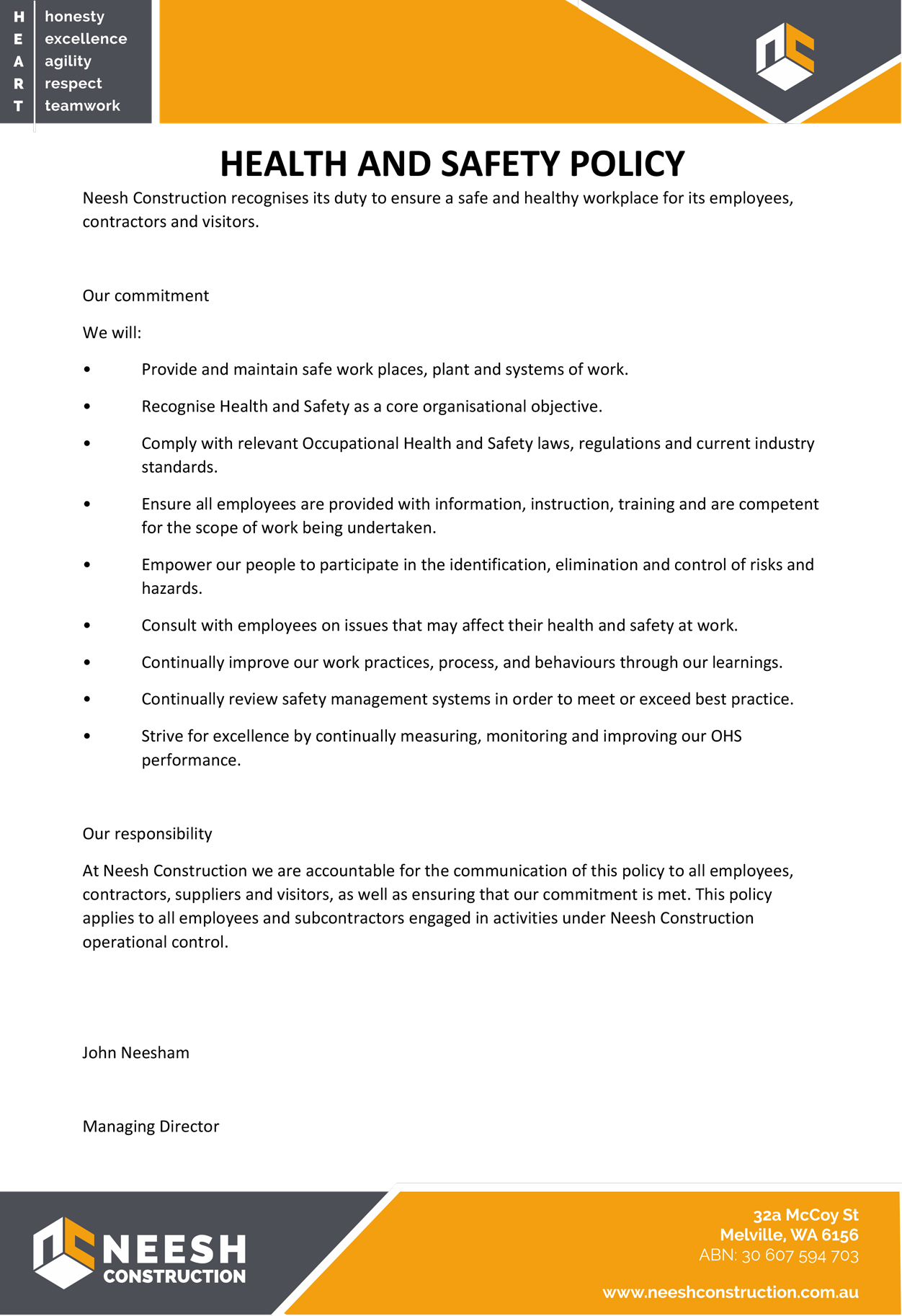 Policies & Certifications | Neesh Construction